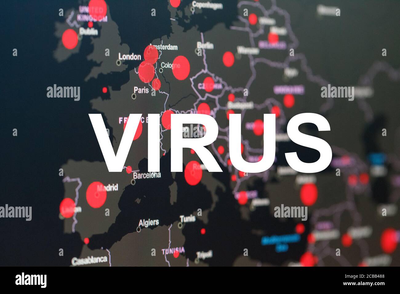 Virus epidemic in Europe the inscription VIRUS on the European map with ...