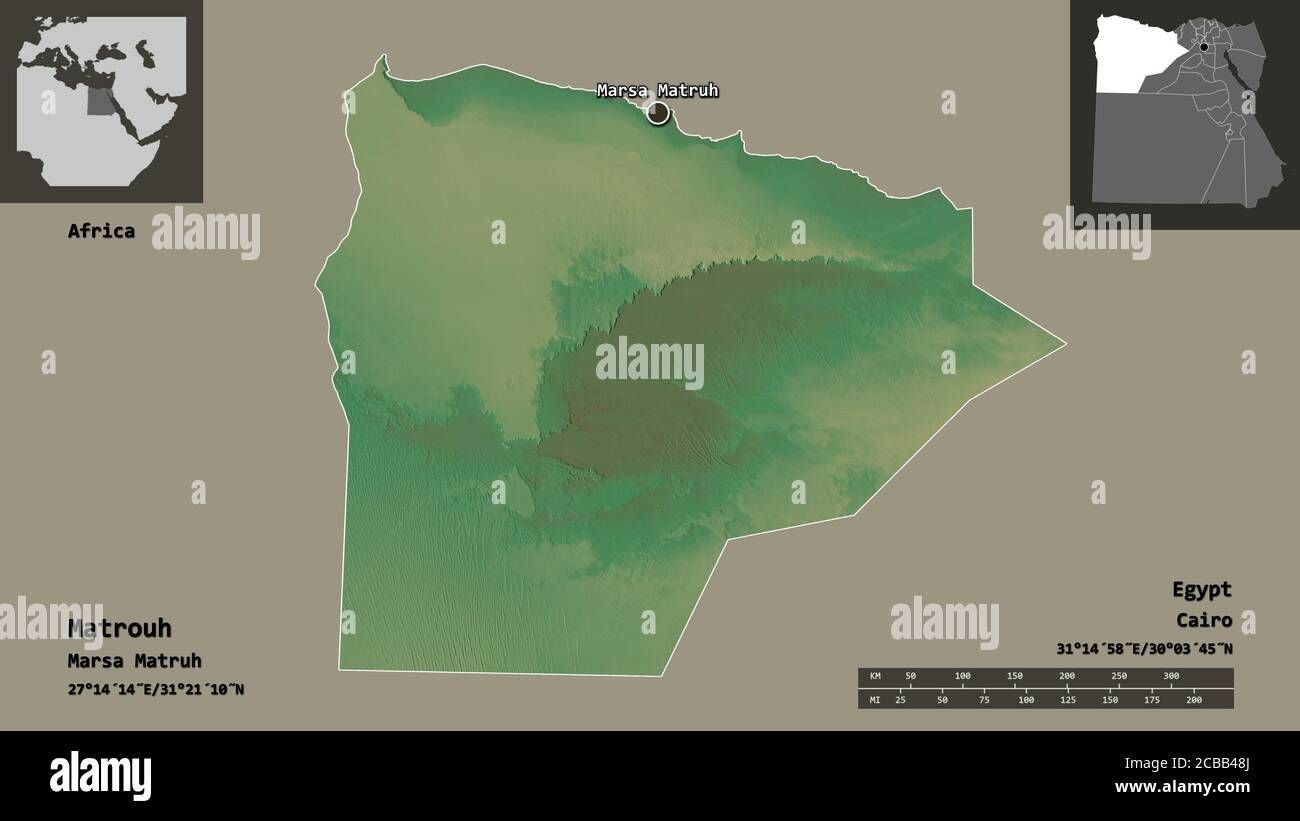 Shape of Matrouh, governorate of Egypt, and its capital. Distance scale ...
