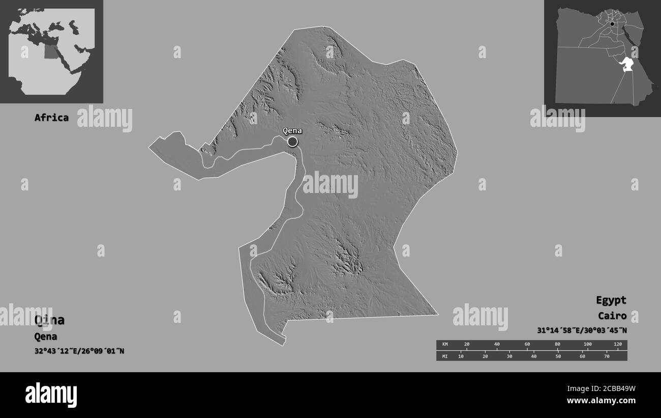 Shape of Qina, governorate of Egypt, and its capital. Distance scale ...