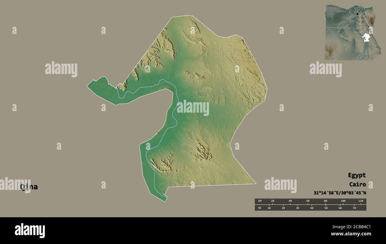 Shape of Qina, governorate of Egypt, with its capital isolated on solid ...