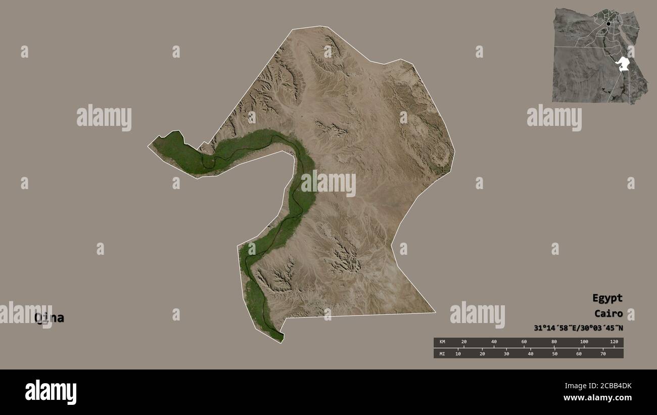 Shape of Qina, governorate of Egypt, with its capital isolated on solid ...