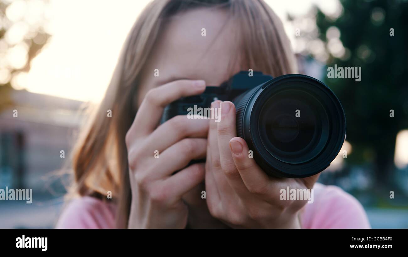 Female Photographer Looking Viewfinder High Resolution Stock ...