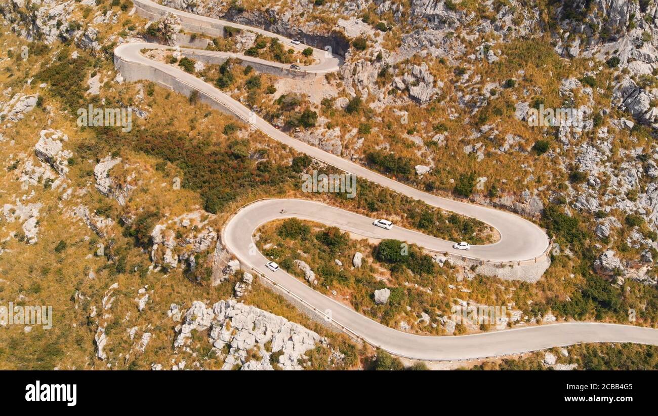 Aerial View, Car Driving Up a Curvy Mountain Road in Spain. Mallorca ...