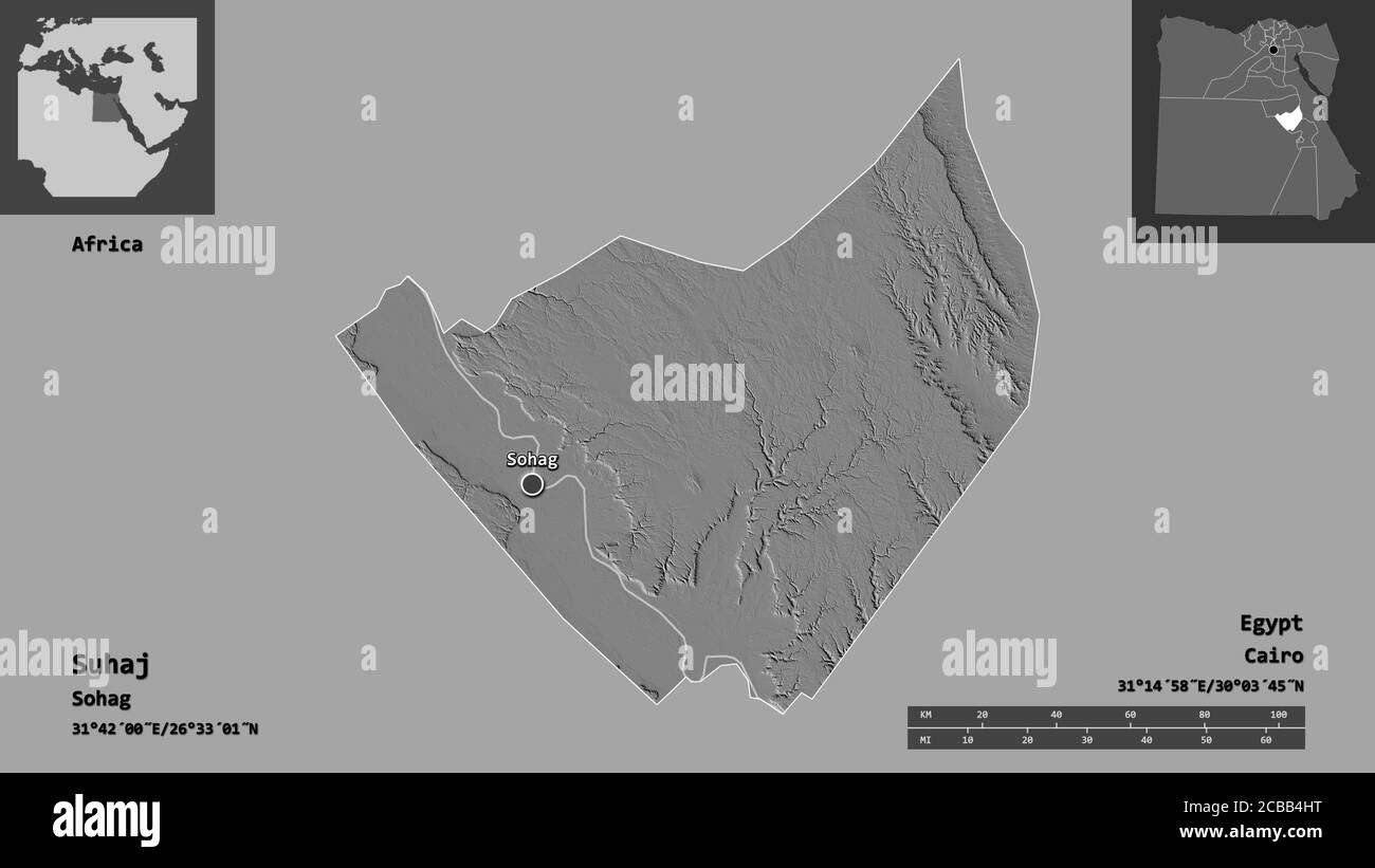 Shape of Suhaj, governorate of Egypt, and its capital. Distance scale ...