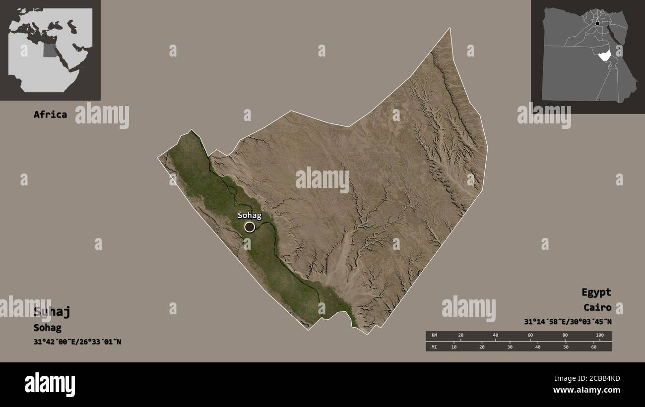 Shape of Suhaj, governorate of Egypt, and its capital. Distance scale ...