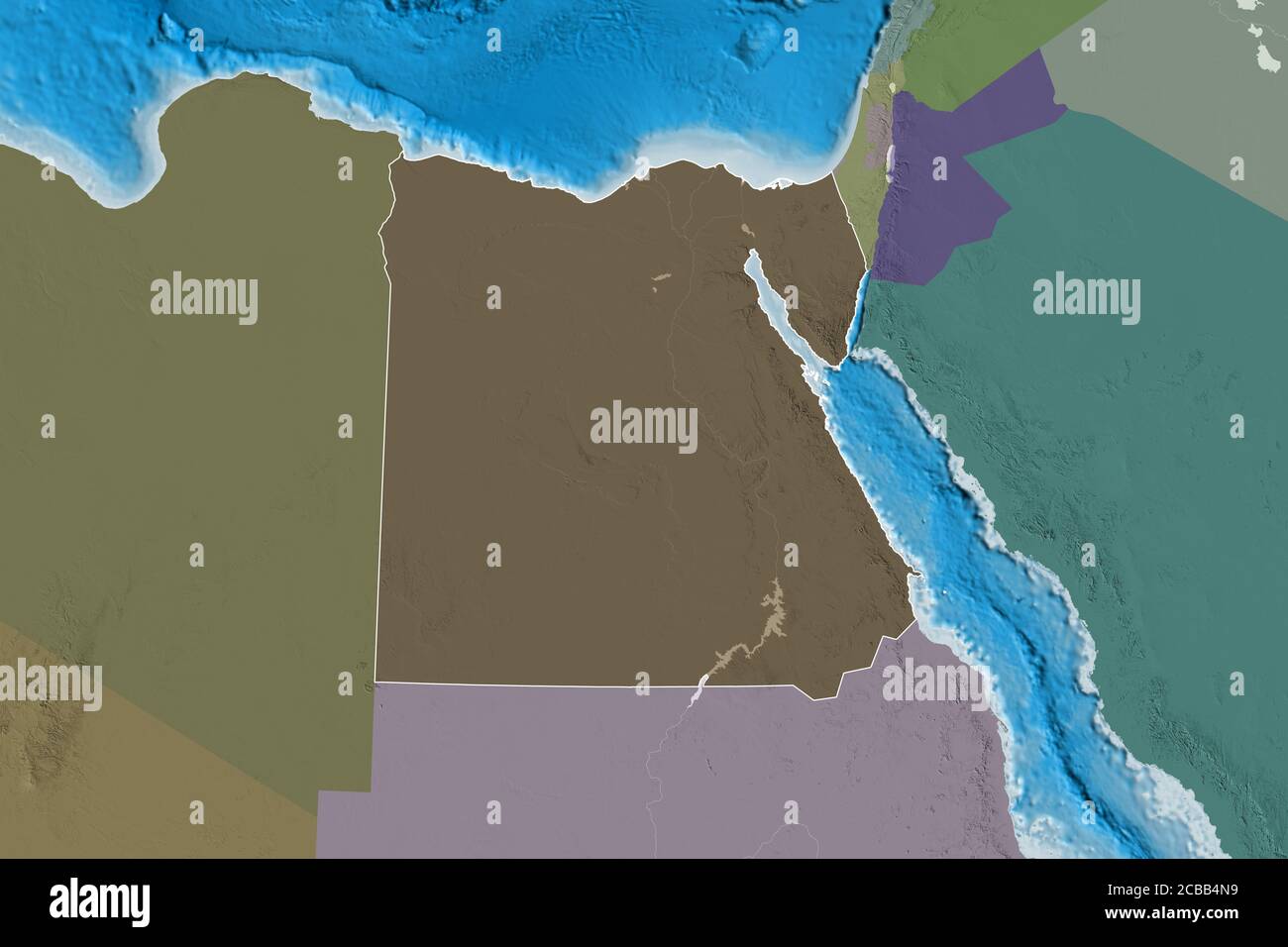Extended area of outlined Egypt. Colored elevation map. 3D rendering ...