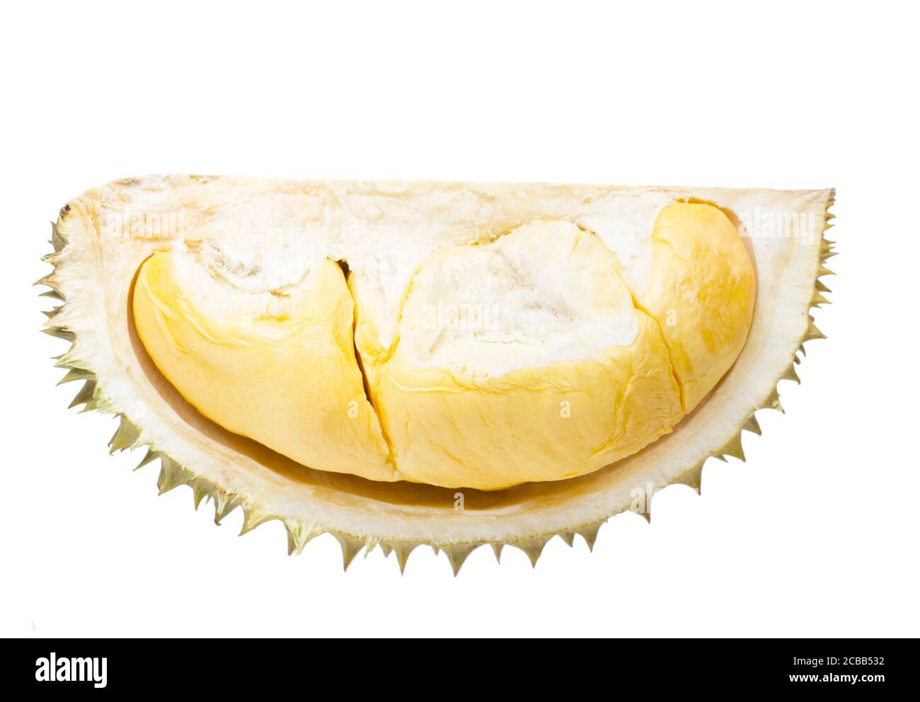 Durian fruit section isolated on white background Stock Photo - Alamy