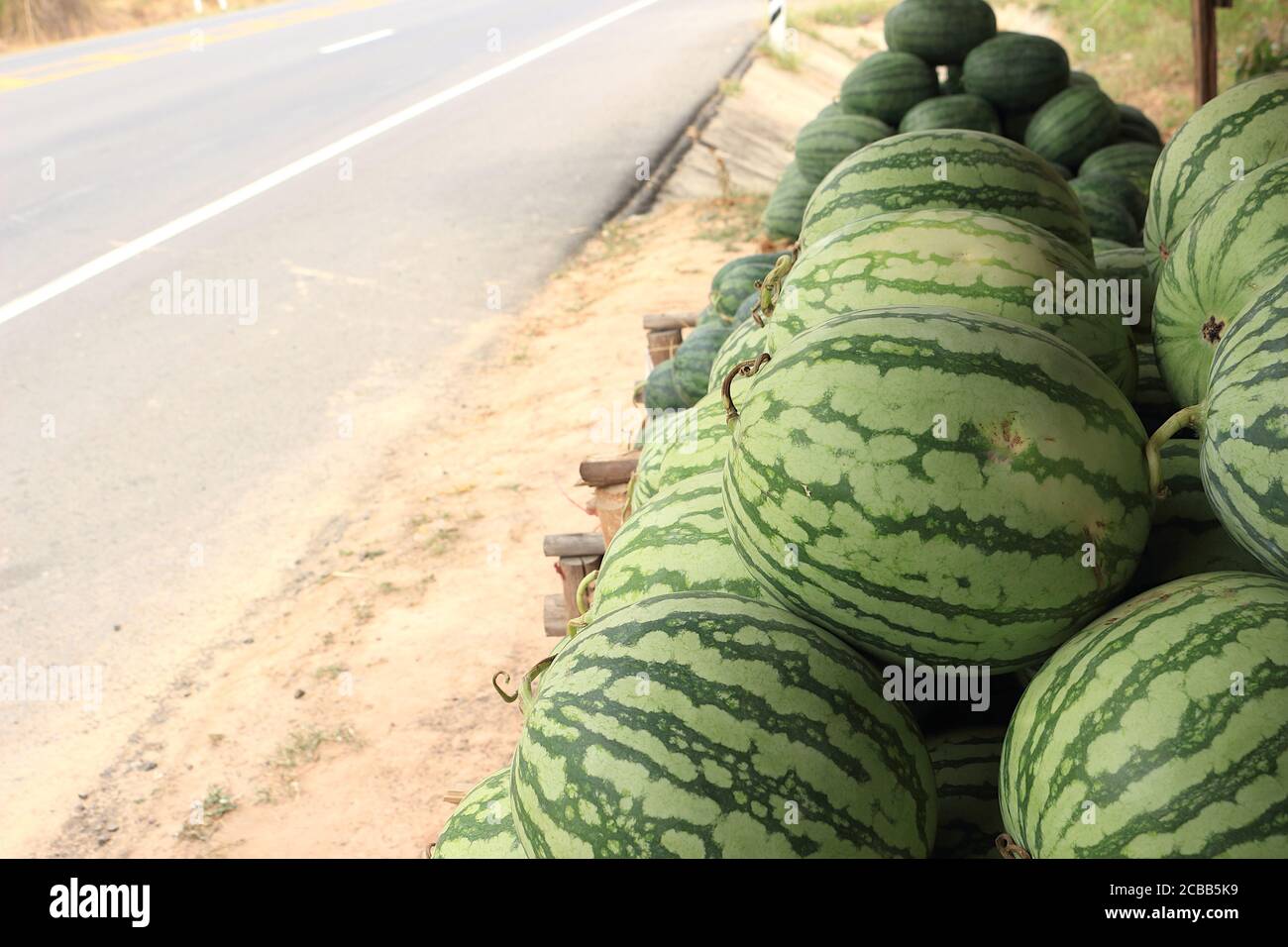 Big round green watermelon. Stacked in layers, looks beautiful ...