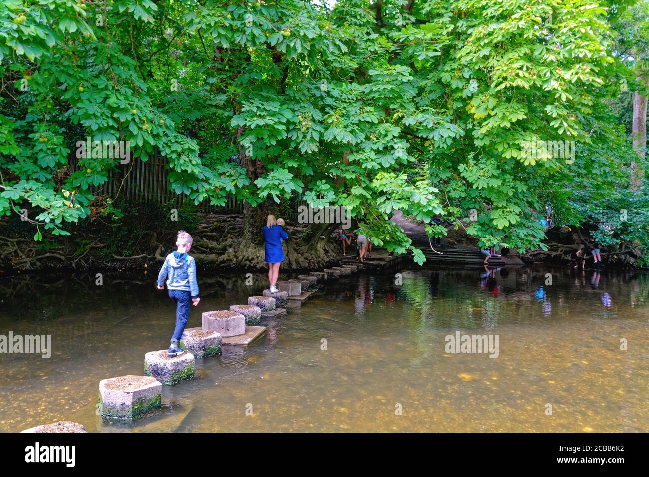 The Stepping Stones crossing the River Mole at Box Hill with people ...