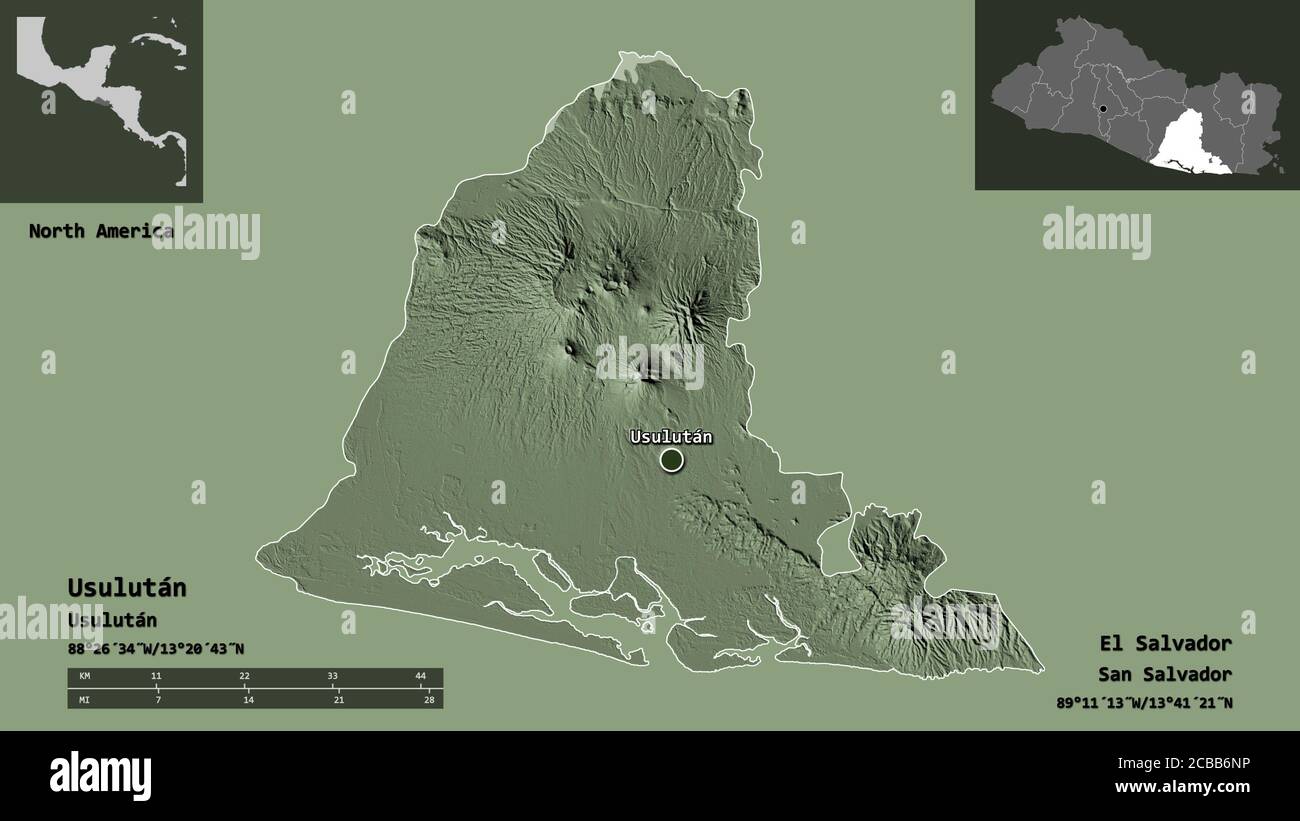 Shape of Usulután, department of El Salvador, and its capital. Distance ...
