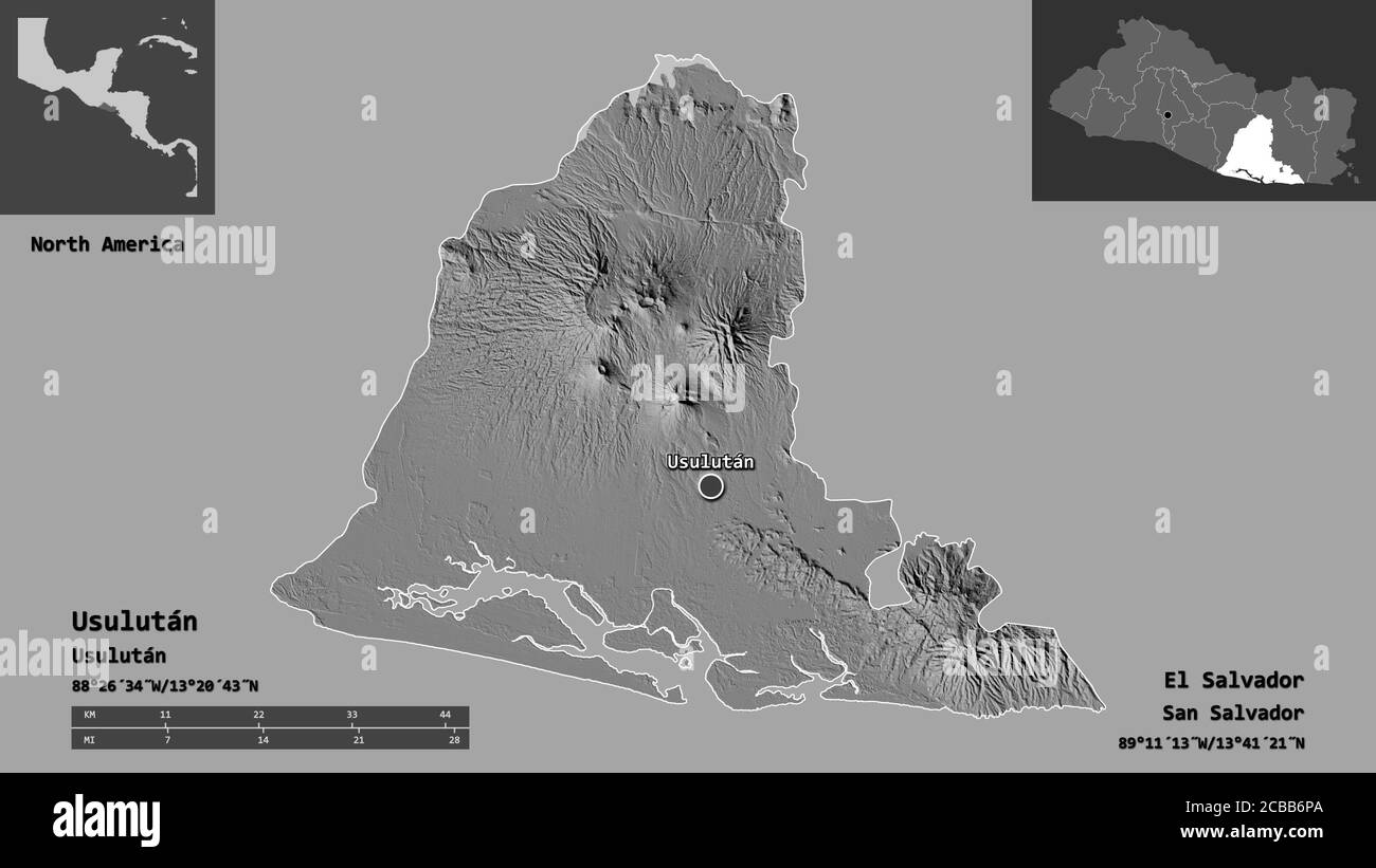 Shape of Usulután, department of El Salvador, and its capital. Distance ...