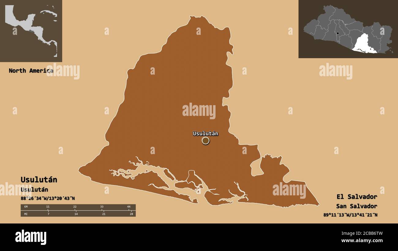 Shape of Usulután, department of El Salvador, and its capital. Distance ...