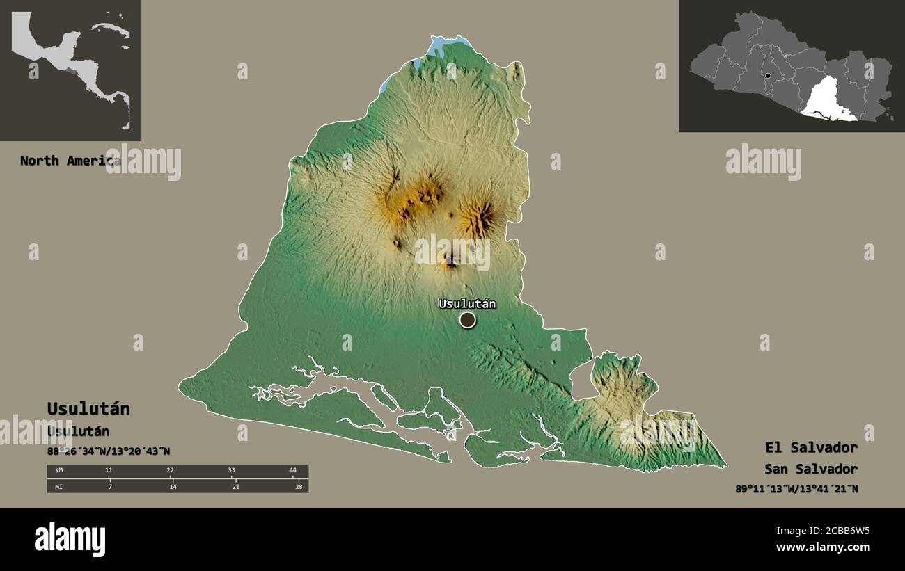 Shape of Usulután, department of El Salvador, and its capital. Distance ...