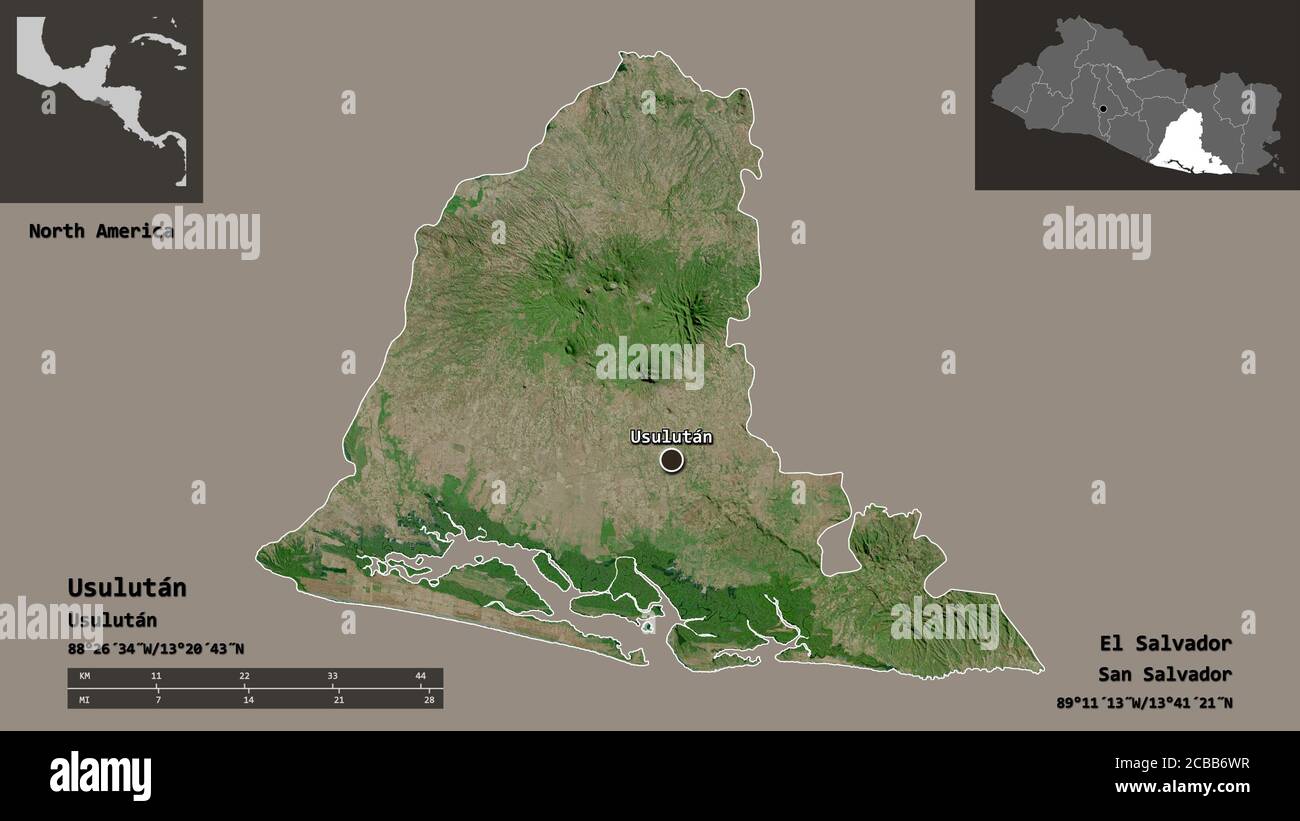 Shape of Usulután, department of El Salvador, and its capital. Distance ...