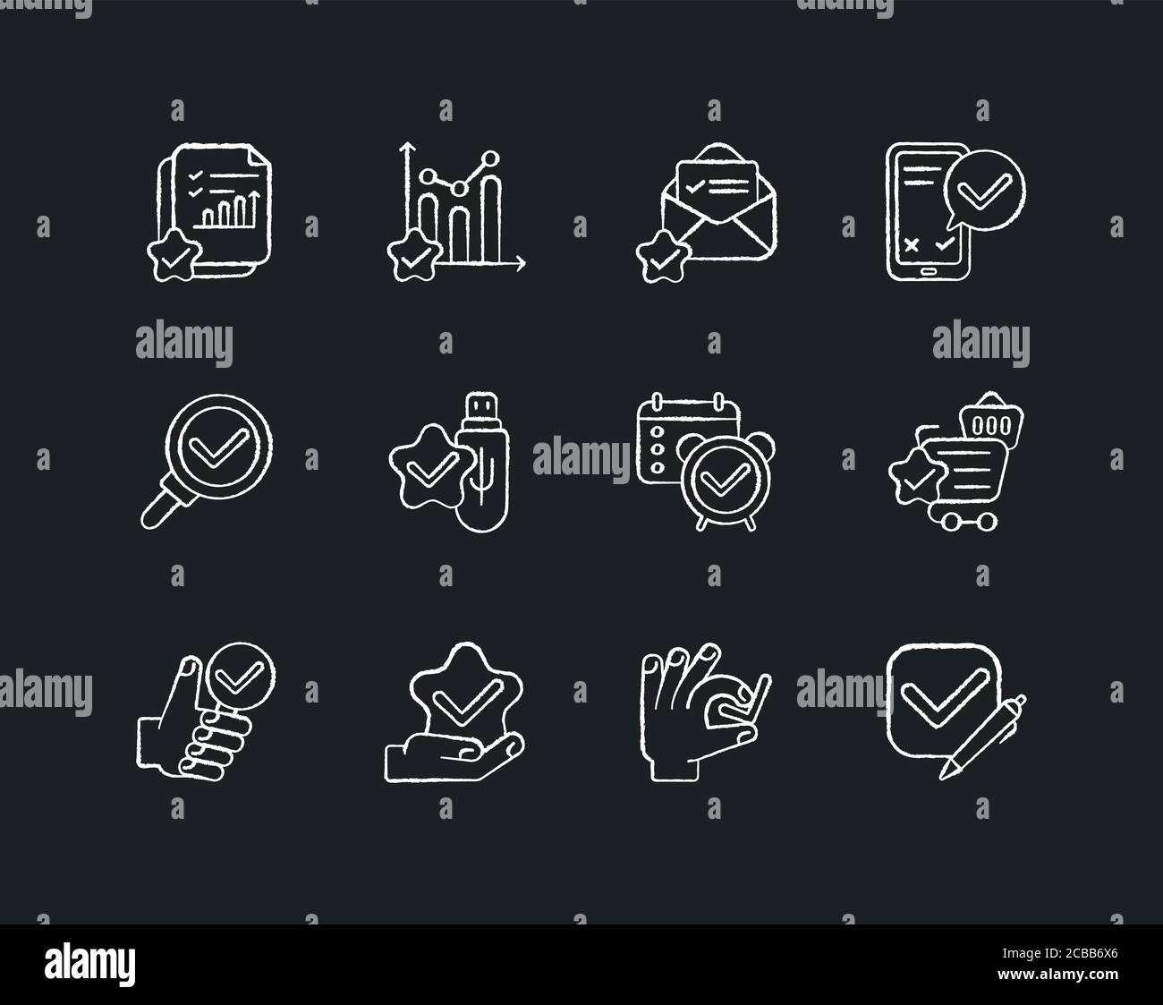 Checkmark chalk white icons set on black background. Successful ...