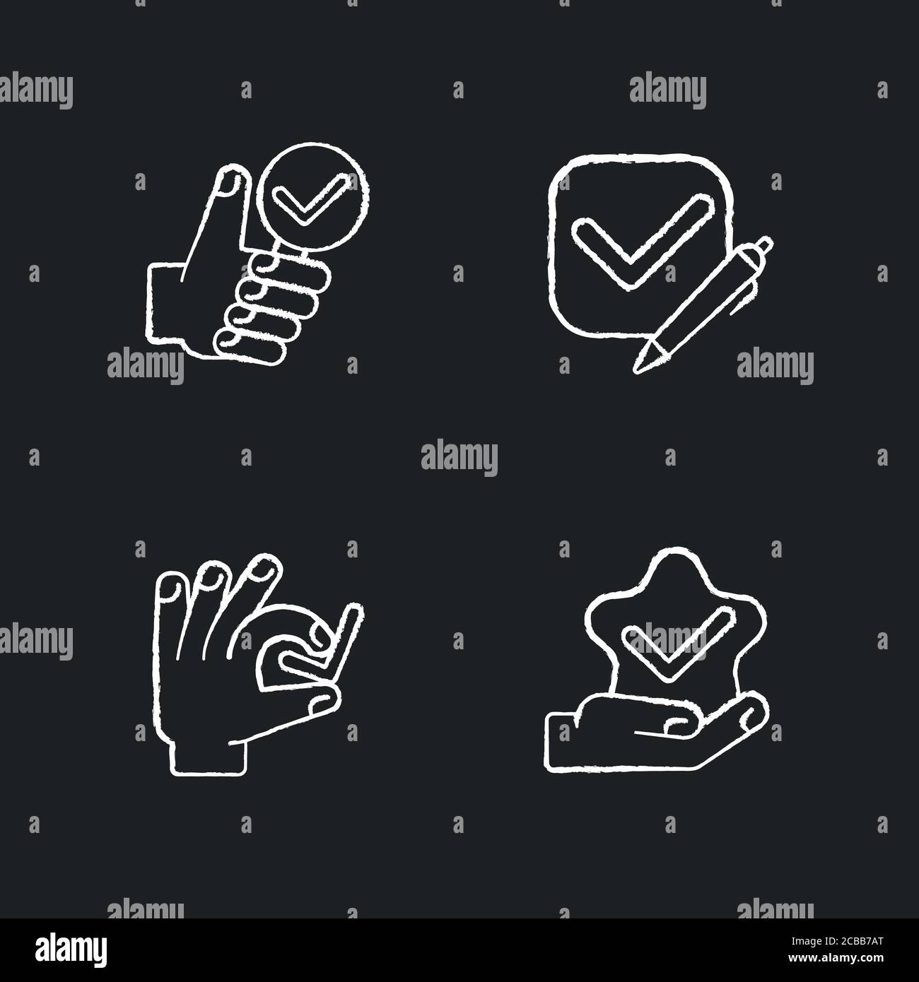 Review checkmark chalk white icons set on black background ...