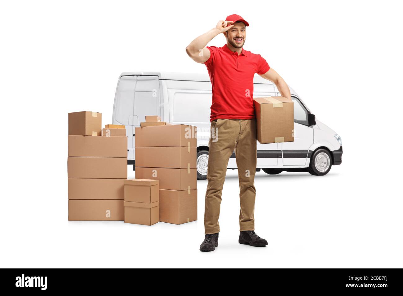 Full length portrait of a delivery man with a van holding a cardboard ...
