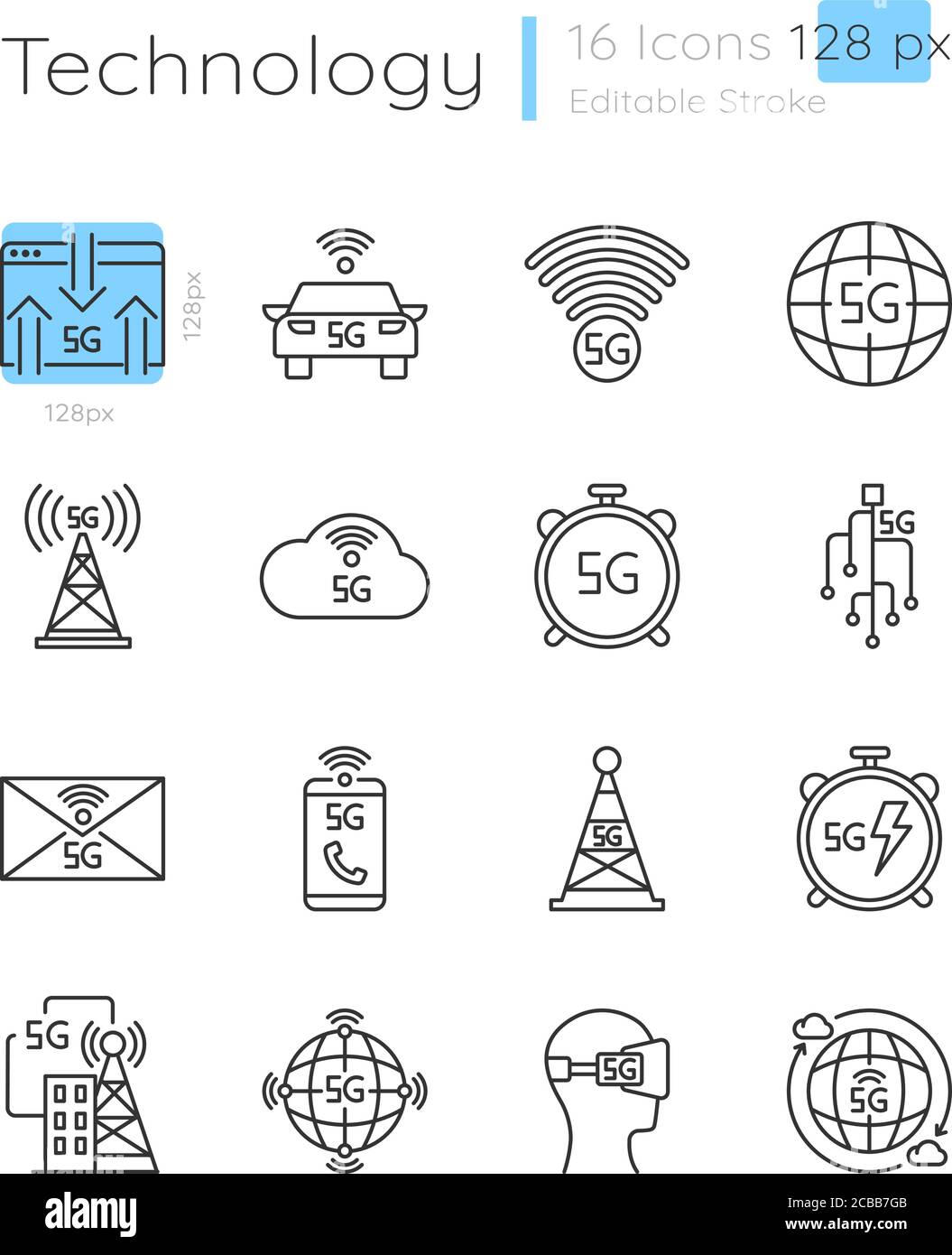 5G technology linear icons set. Fast Internet. Messaging, data exchange ...