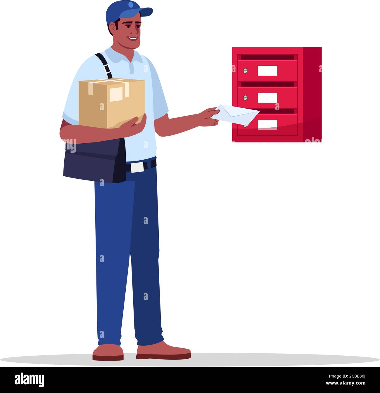Postman delivering mail and parcel semi flat RGB color vector ...