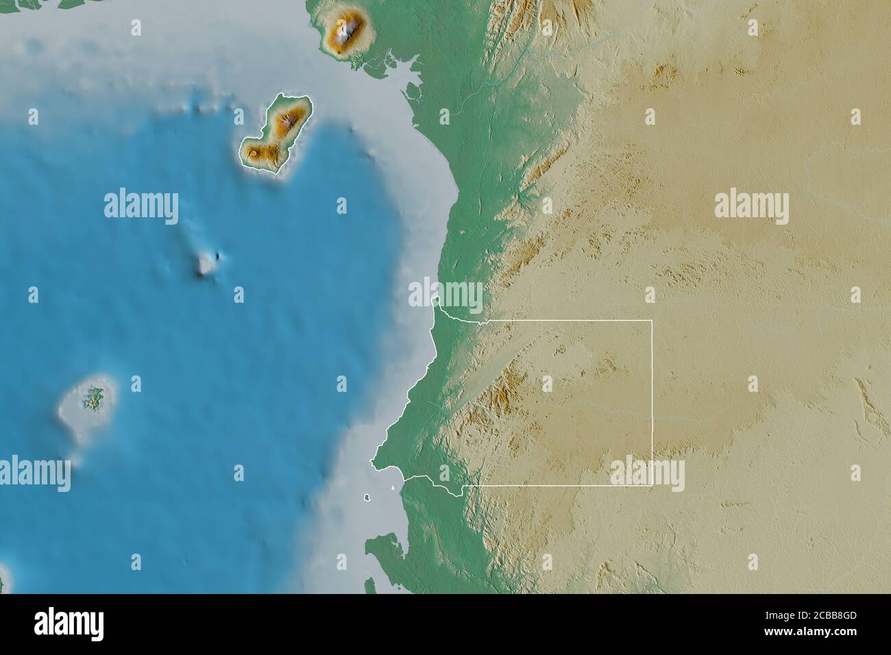 Extended area of outlined Equatorial Guinea. Topographic relief map. 3D ...