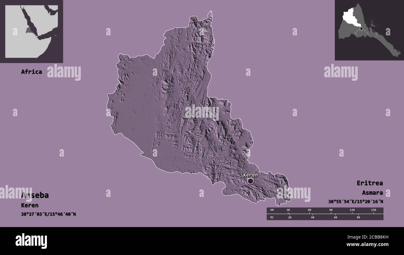 Shape of Anseba, region of Eritrea, and its capital. Distance scale ...