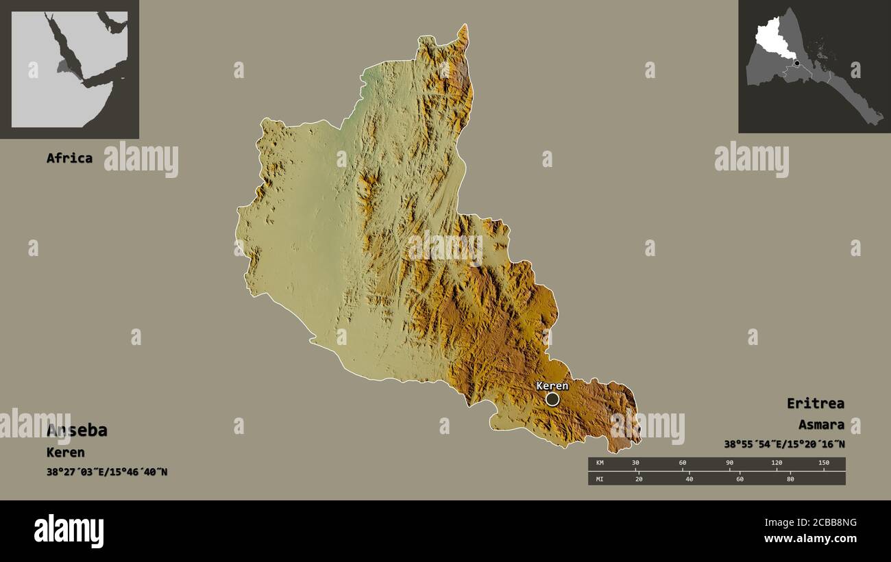 Shape of Anseba, region of Eritrea, and its capital. Distance scale ...