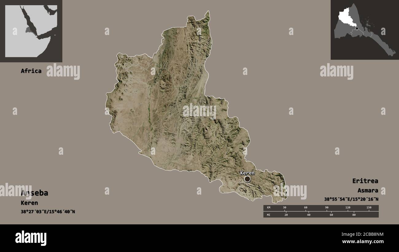 Shape of Anseba, region of Eritrea, and its capital. Distance scale ...