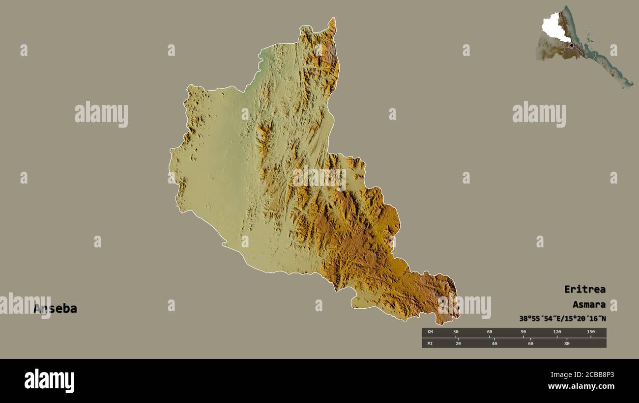 Shape of Anseba, region of Eritrea, with its capital isolated on solid ...