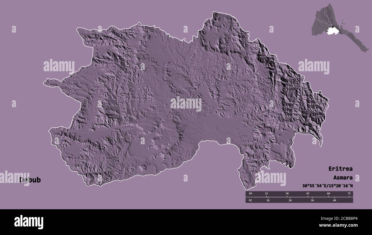 Shape of Debub, region of Eritrea, with its capital isolated on solid ...