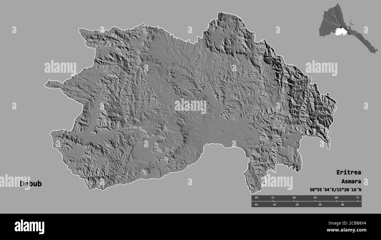 Shape of Debub, region of Eritrea, with its capital isolated on solid ...