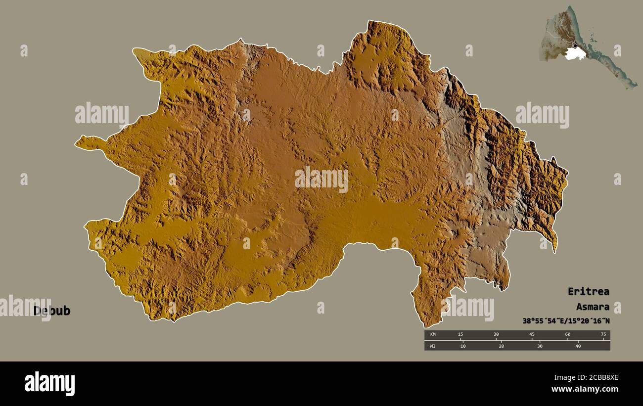 Shape of Debub, region of Eritrea, with its capital isolated on solid ...
