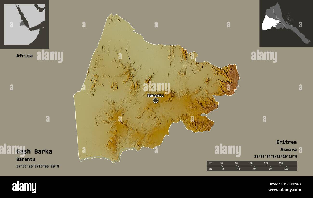 Shape of Gash Barka, region of Eritrea, and its capital. Distance scale ...