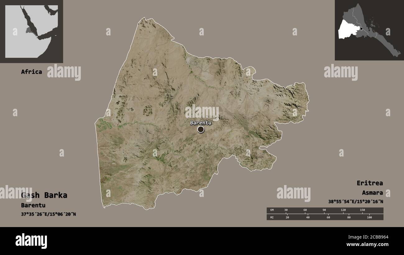 Shape of Gash Barka, region of Eritrea, and its capital. Distance scale ...