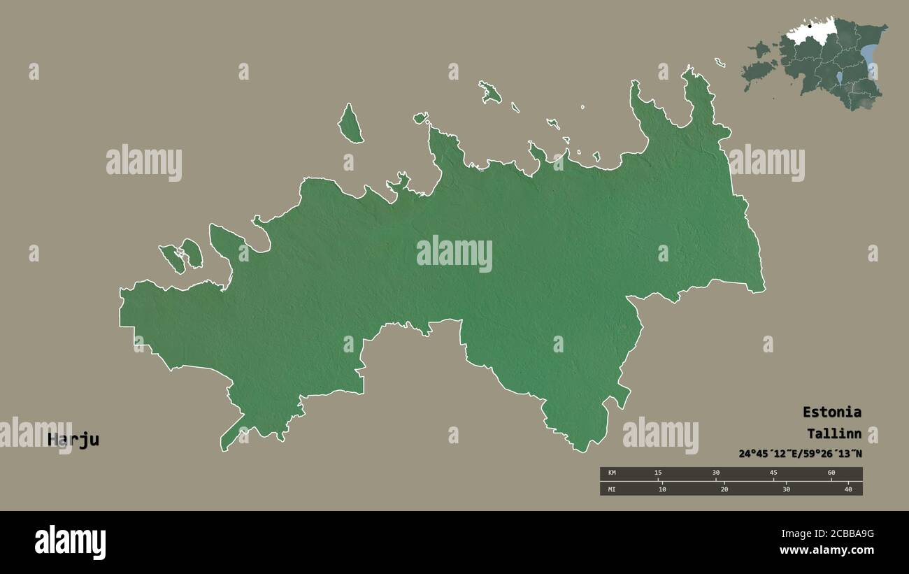 Shape of Harju, county of Estonia, with its capital isolated on solid ...