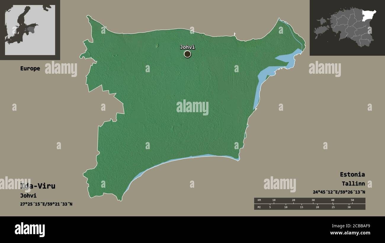 Shape of Ida-Viru, county of Estonia, and its capital. Distance scale ...