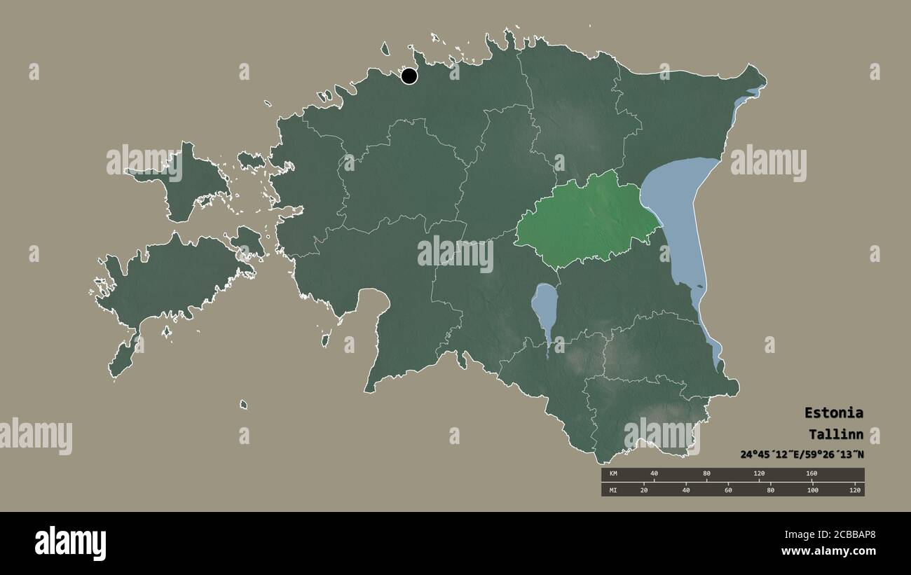 Desaturated shape of Estonia with its capital, main regional division ...