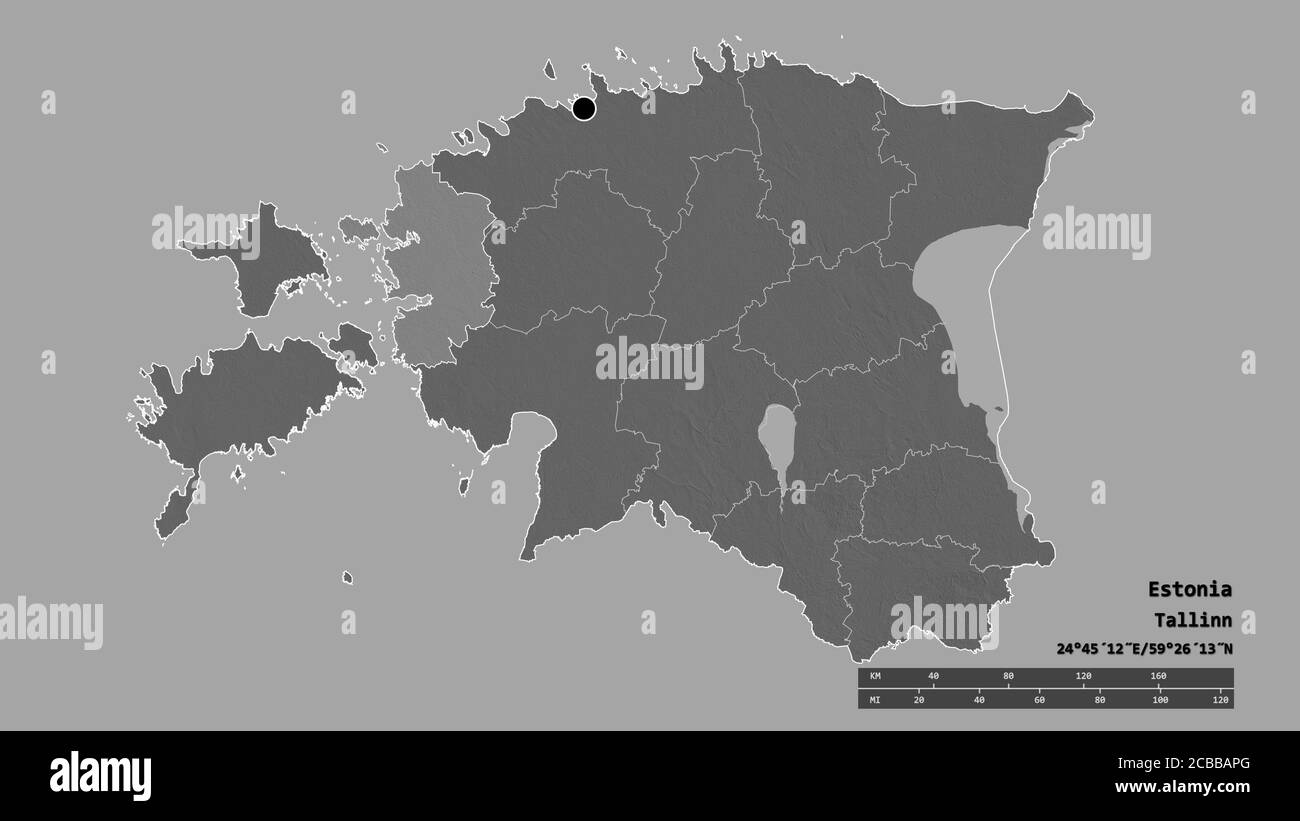 Desaturated shape of Estonia with its capital, main regional division ...