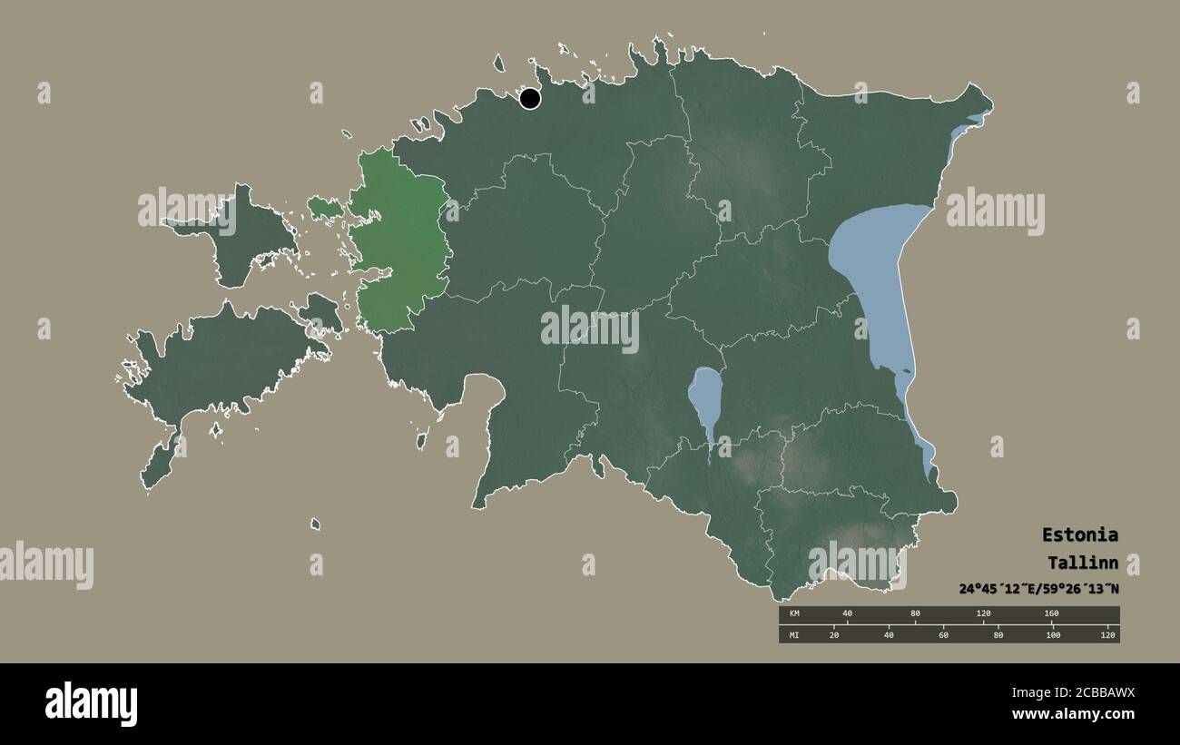 Desaturated shape of Estonia with its capital, main regional division ...