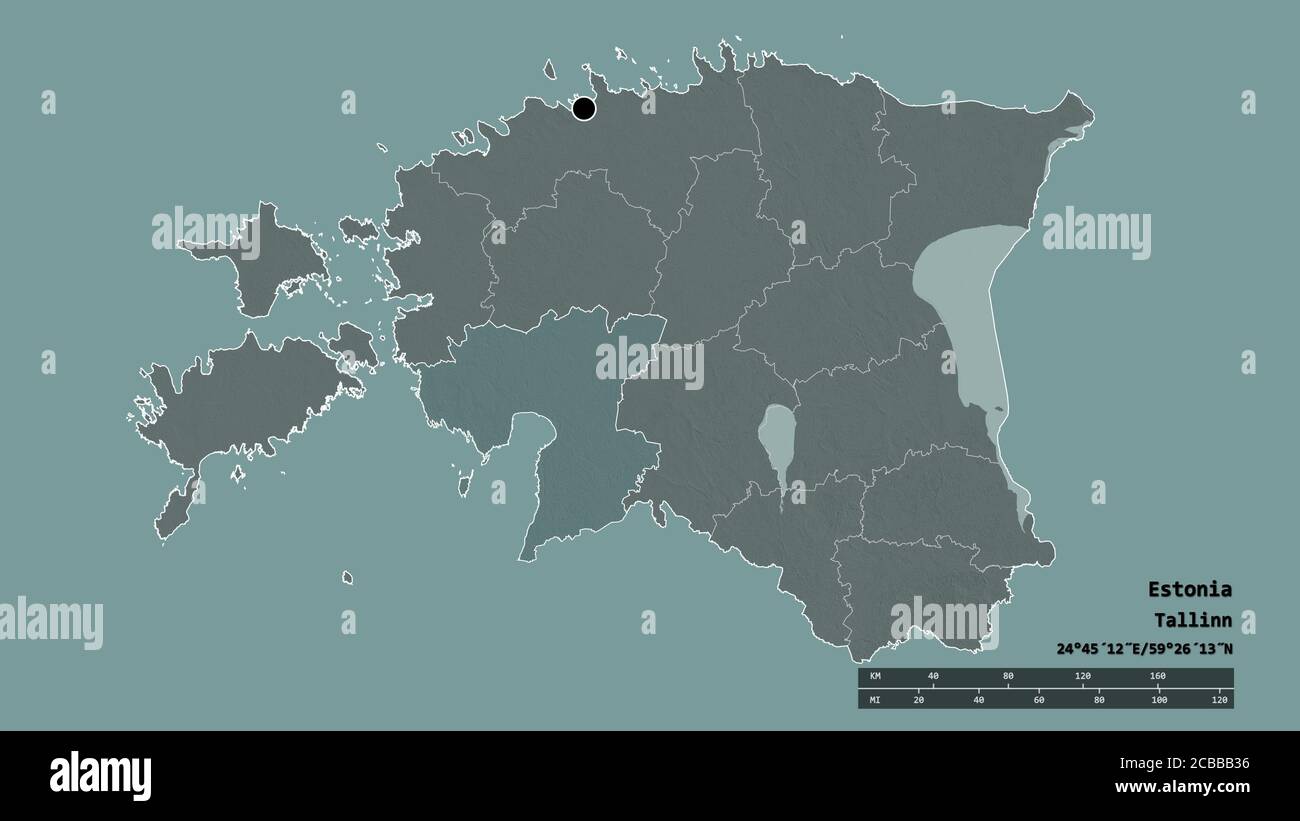 Desaturated shape of Estonia with its capital, main regional division ...