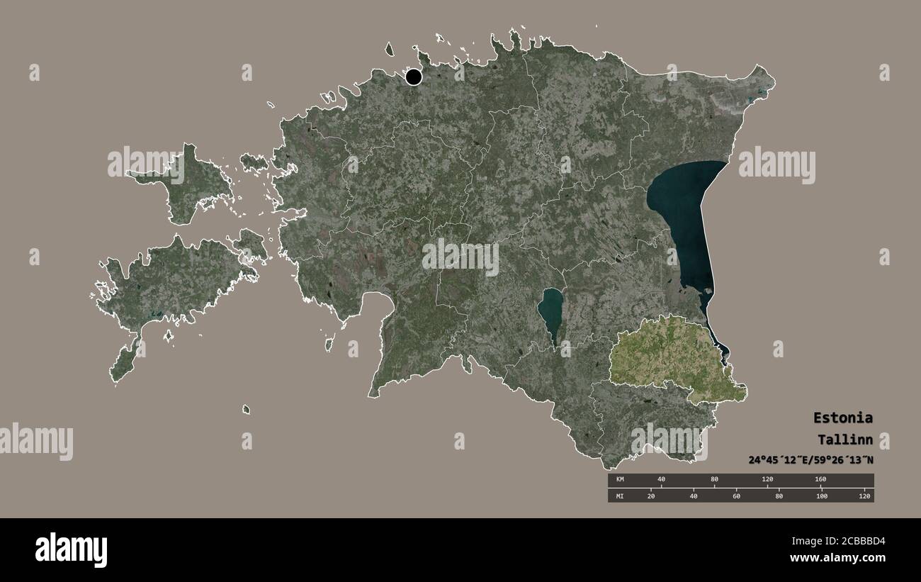 Desaturated shape of Estonia with its capital, main regional division ...