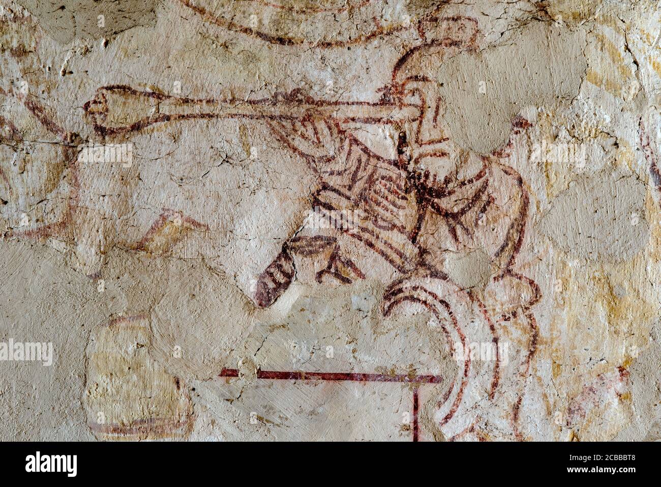 A wheelwright holds a cart-wheel spoke to his eye to test its ...