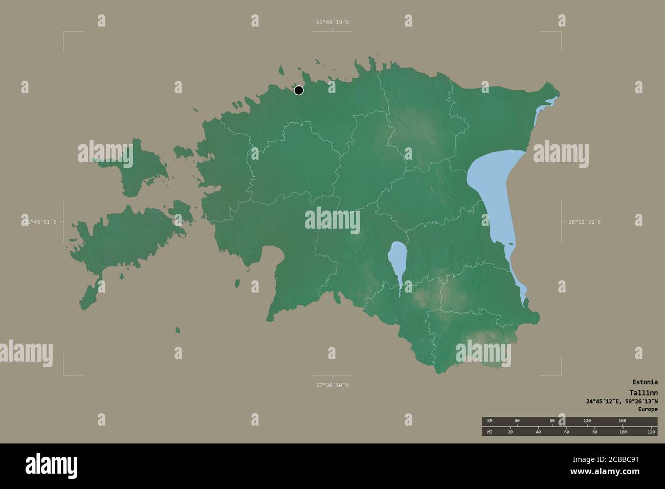 Area of Estonia isolated on a solid background in a georeferenced ...