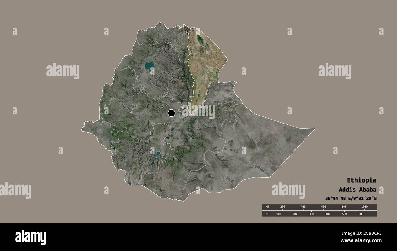 Desaturated shape of Ethiopia with its capital, main regional division ...