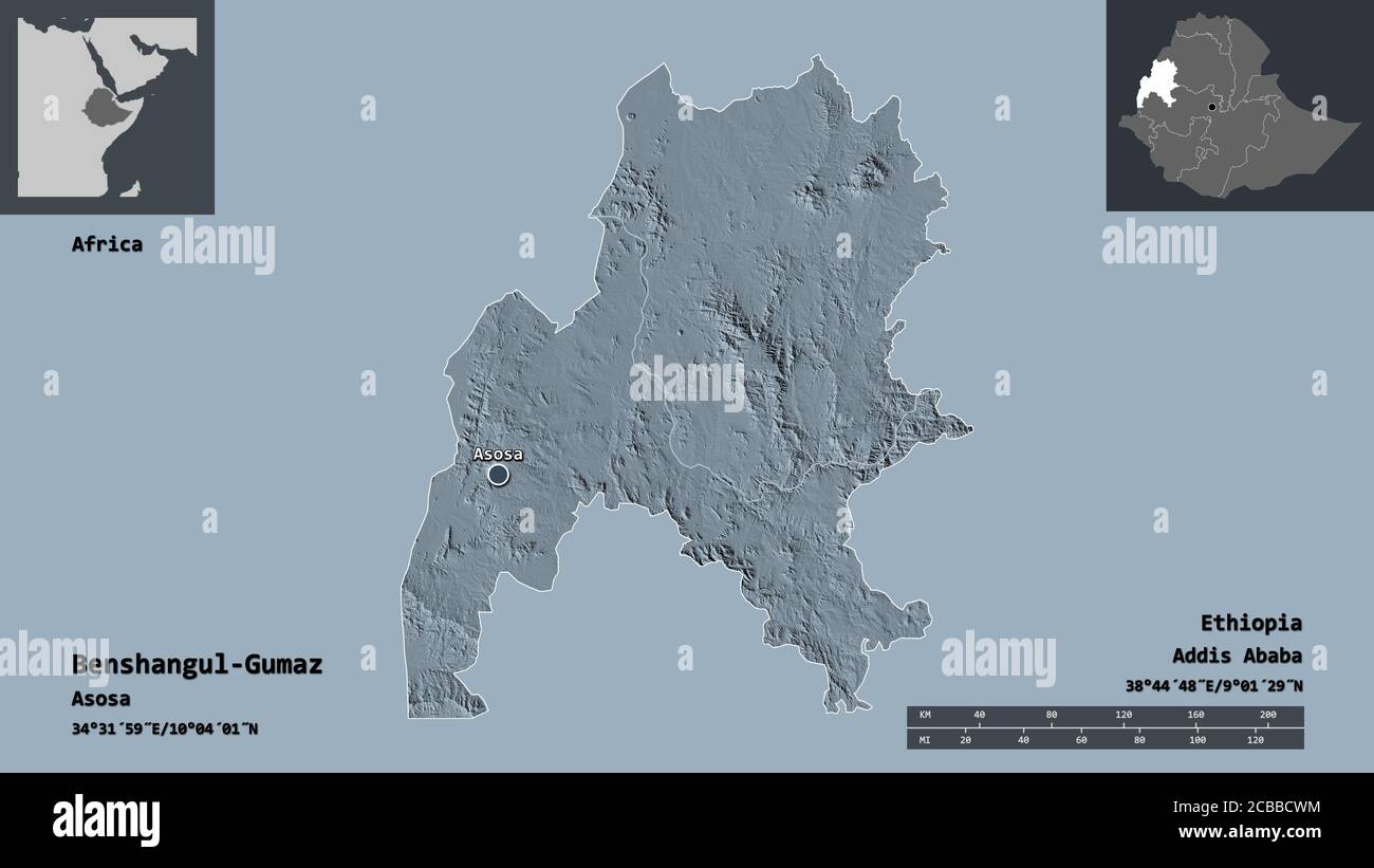 Shape of Benshangul-Gumaz, state of Ethiopia, and its capital. Distance ...