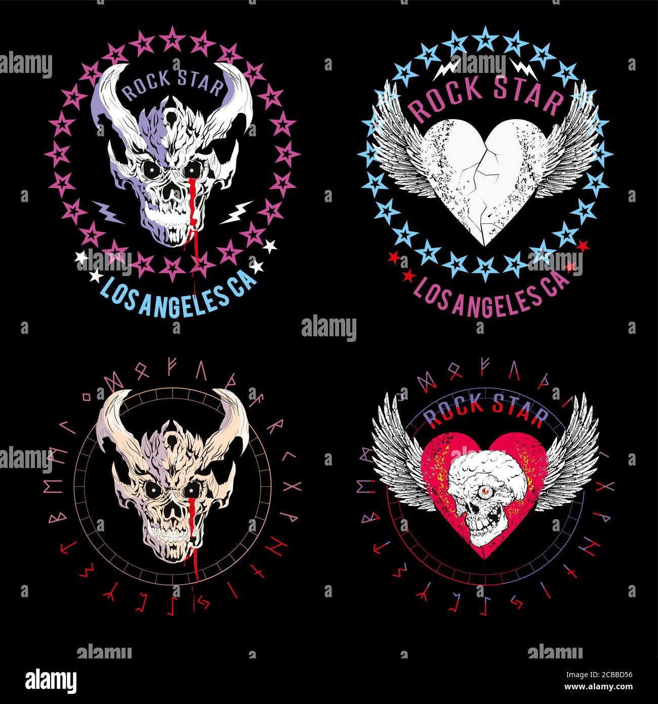 Set of four illustrated skulls. Vector drawings of heads for t-shirts ...