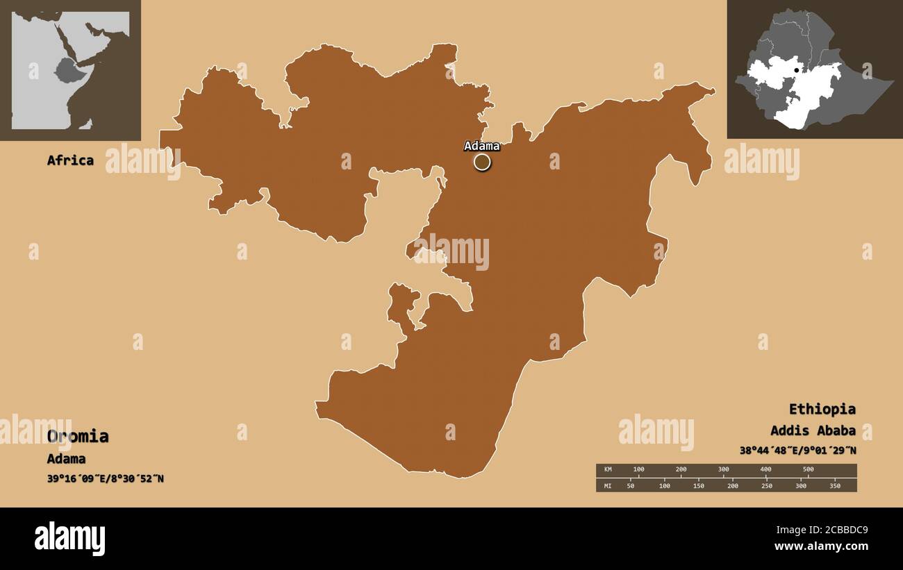 Shape of Oromia, state of Ethiopia, and its capital. Distance scale ...