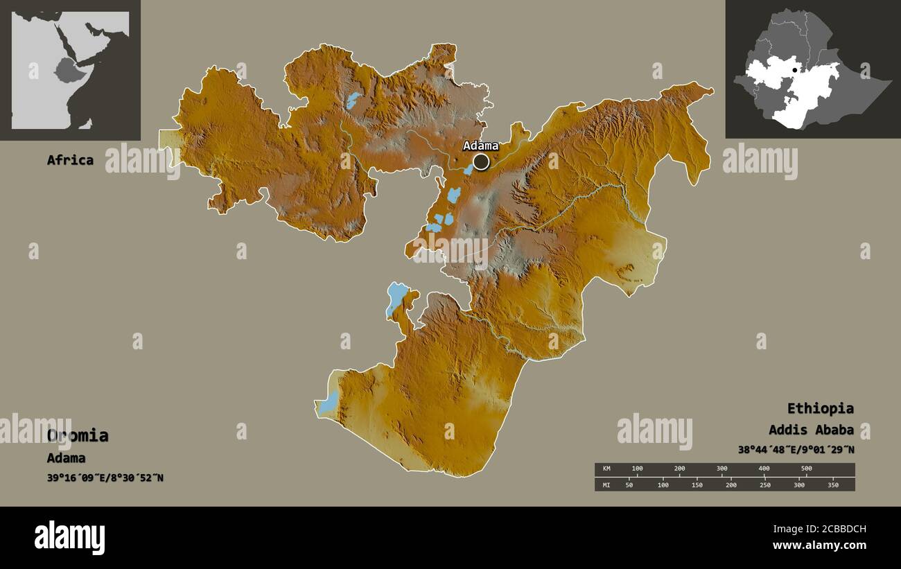 Shape of Oromia, state of Ethiopia, and its capital. Distance scale ...
