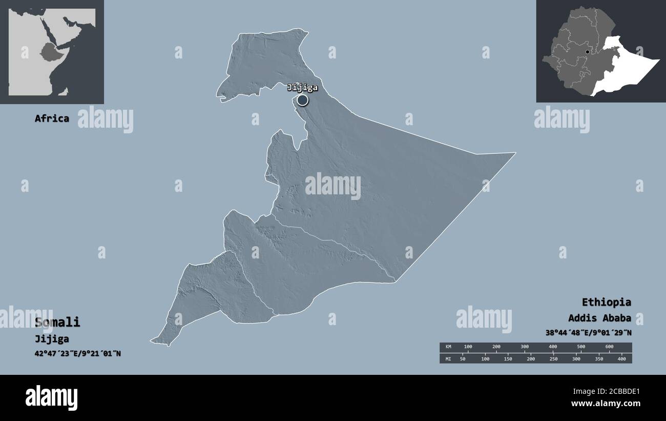 Shape of Somali, state of Ethiopia, and its capital. Distance scale ...