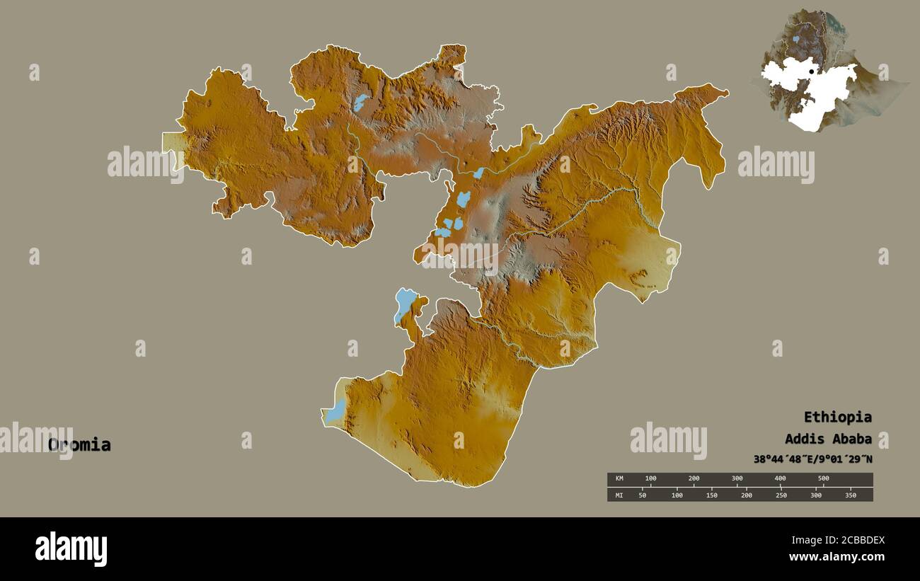 Shape of Oromia, state of Ethiopia, with its capital isolated on solid ...