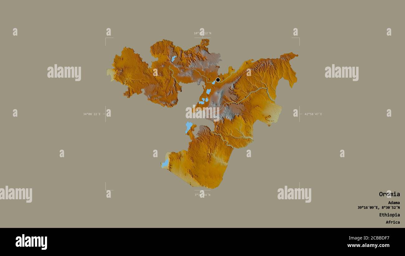 Area of Oromia, state of Ethiopia, isolated on a solid background in a ...